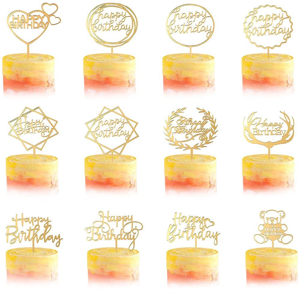 12 Pcs Happy Birthday Cake Toppers Gold Glitter Cake Topper | Desertcart GB