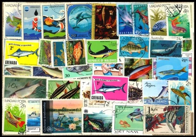ISC~ Fish On Stamps- 50 Different Stamps on Fish & Marine Life, All ...