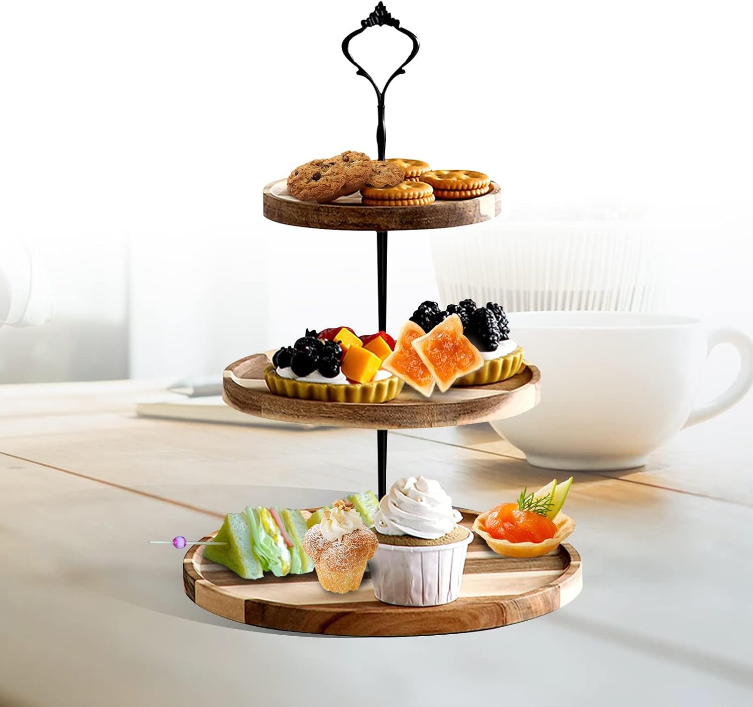 Amazon.com: Wood Metal Handle 3 Tier Tray 3 Tier Decorative Wood Tray ...