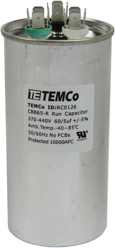 TEMCo 60+5 uF Dual Run Capacitor CBB65, 60/5 MFD, 370-440V, Round, 50/60Hz | for HVAC AC Fan ...