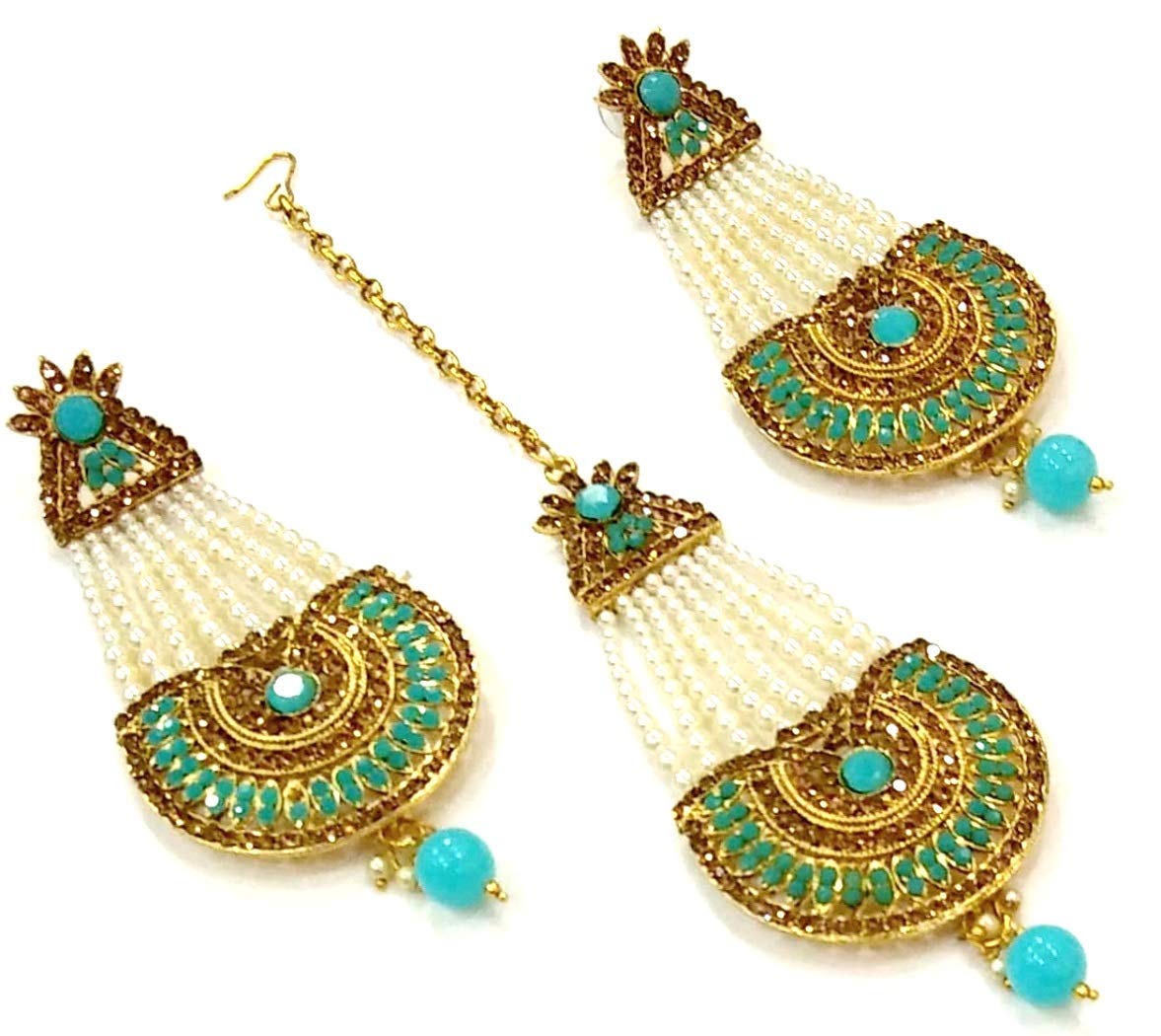 Buy HARITA Jhumar Style Light Blue Stone Kundan White Pearl Jhoomar ...