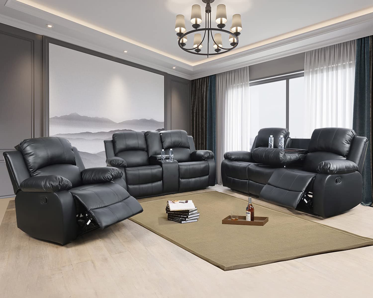 Amazon.com: Plithzy Manual Recliner Sofa Set, Bonded Leather Sofa Set ...