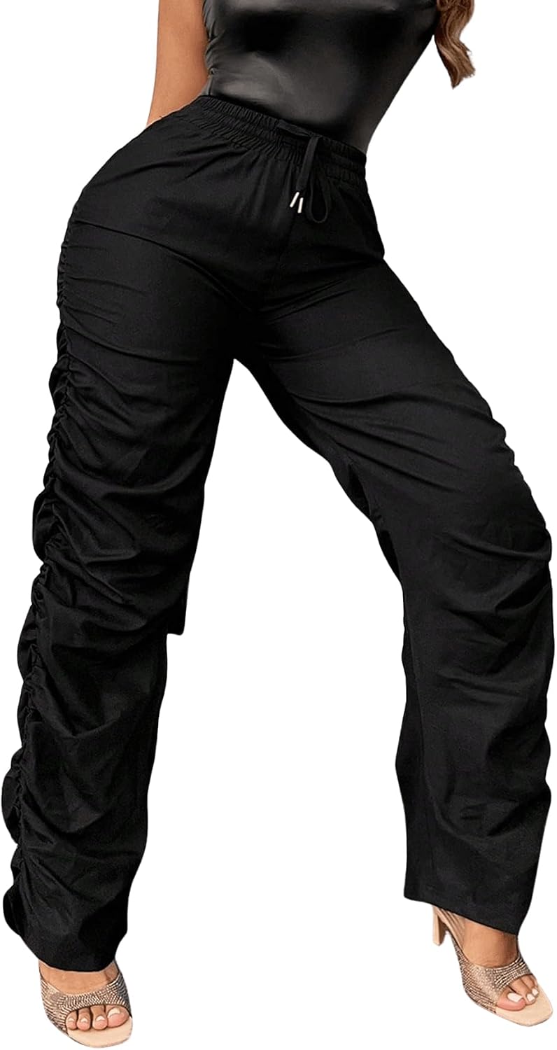 SweatyRocks Women's Ruched High Elastic Waist Pants Soild Drawstring ...