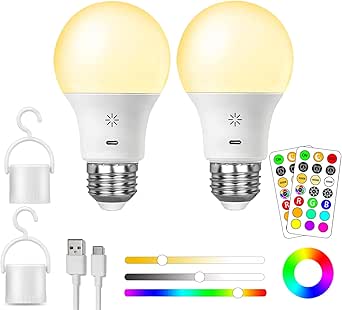 LED Rechargeable Light Bulbs with Remote ＆ Touch Dimmable, E26 Battery ...