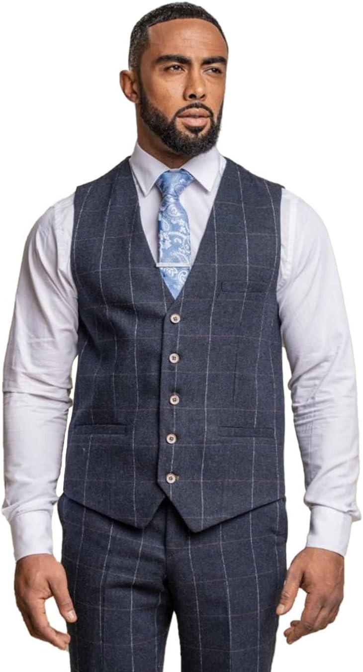 Mens Tweed Wool Windowpane Check Suit Vest Formal Business Navy Blue ...