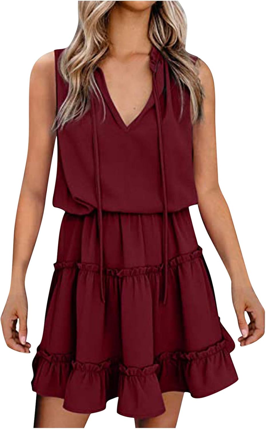Women Summer Sundress Boho Solid Color Mini Dress High Waist Empire ...