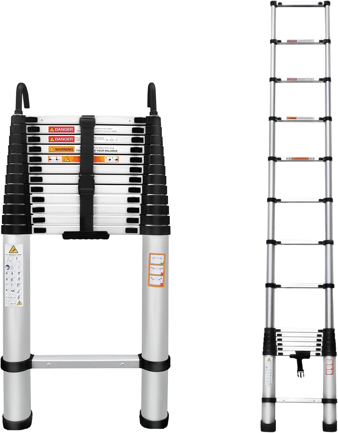 16.4ft Extension Ladder with 2 Detachable Hooks, Aluminum Telescoping ...