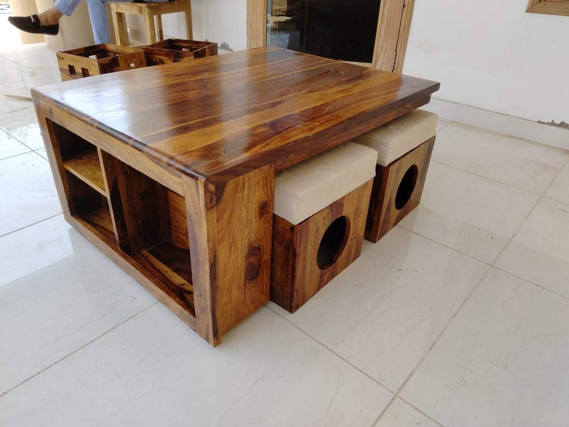 Wooden Point Solid Sheesham Wood Coffee Table with 4 Stool 3 Storage ...