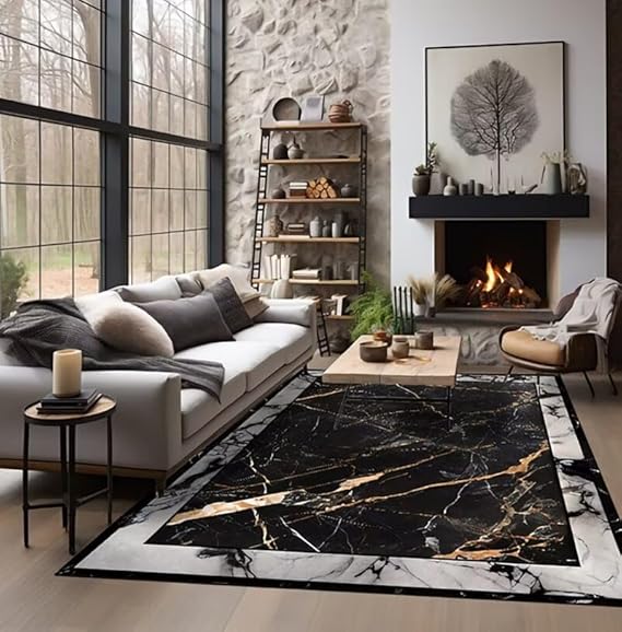 Amazon.com: ZSSZO Modern Marble Rug Machine Washable Black Gold Marble ...