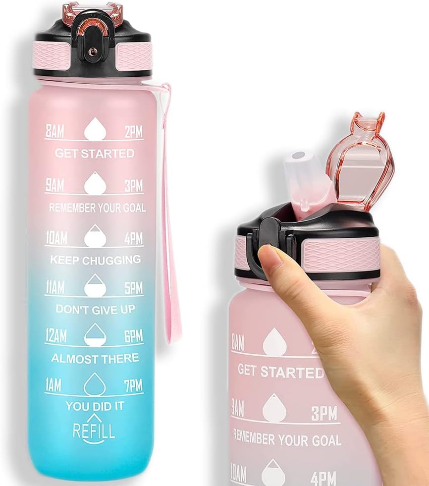 BAYINTNAL 32oz Motivational Time Marker Water Bottle with Straw, Light-weight, Leakproof BPA ...