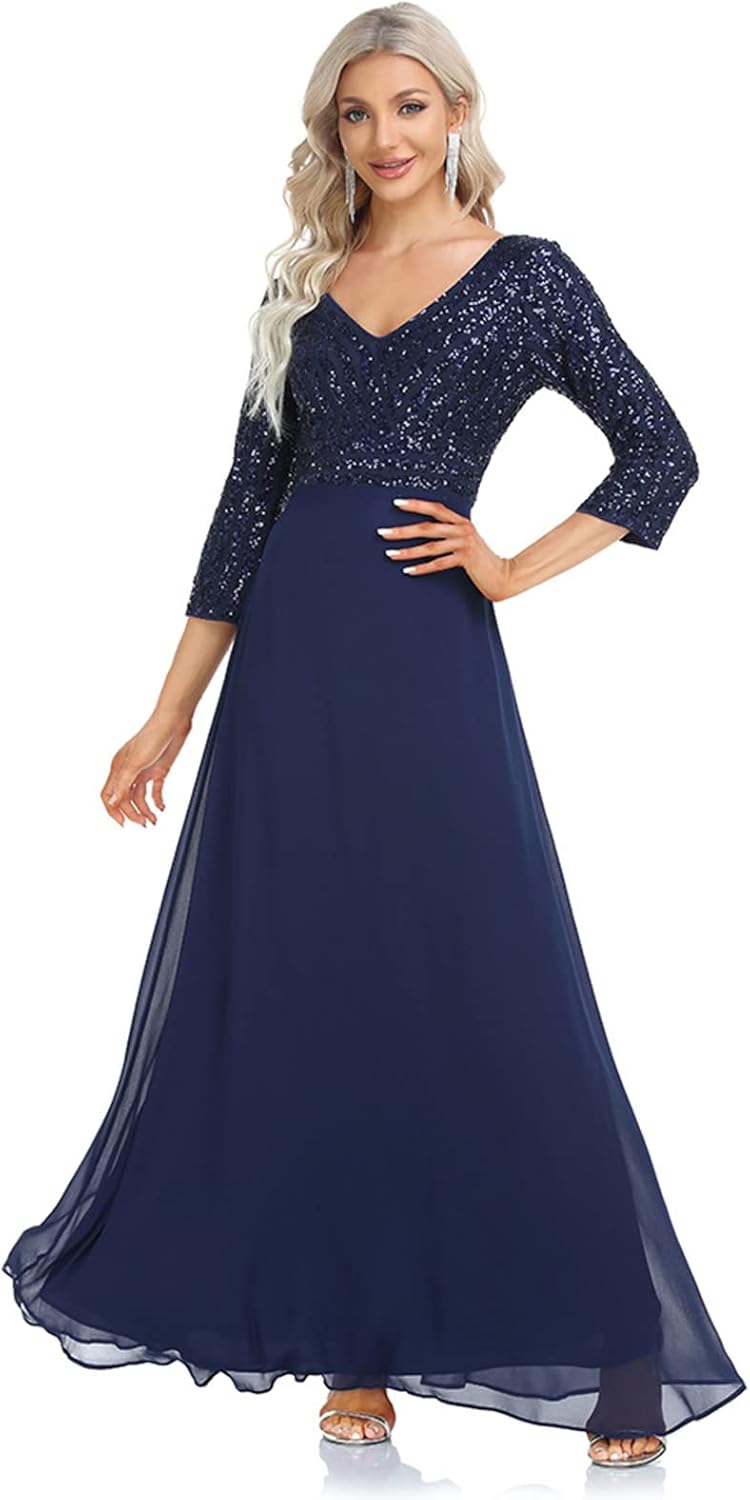 Abendkleid Langarm Pailletten Damen Abendkleider Elegant für Hochzeit ...