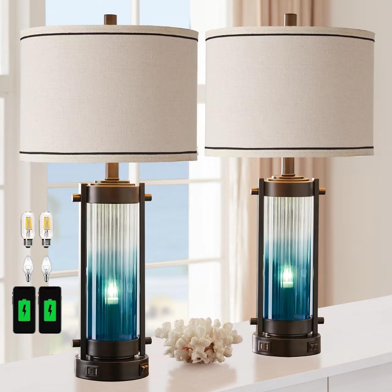 RORIA Set of 2 Modern Table Lamps with 2 USB Ports, Gradient Blue Glass ...