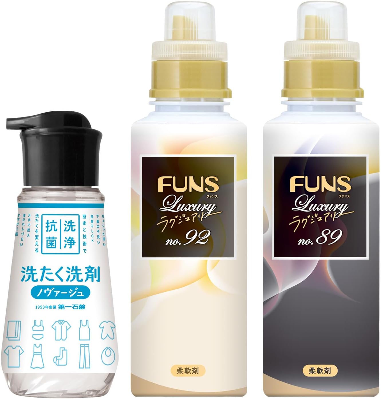 Amazon | 【まとめ買い】第一石鹸 超濃縮洗剤ノヴァージュ 洗たく用洗剤 本体 300g 柔軟剤 FUNS ファンスラグジュアリー No.92 & No.89 本体 600ml 3点 ...