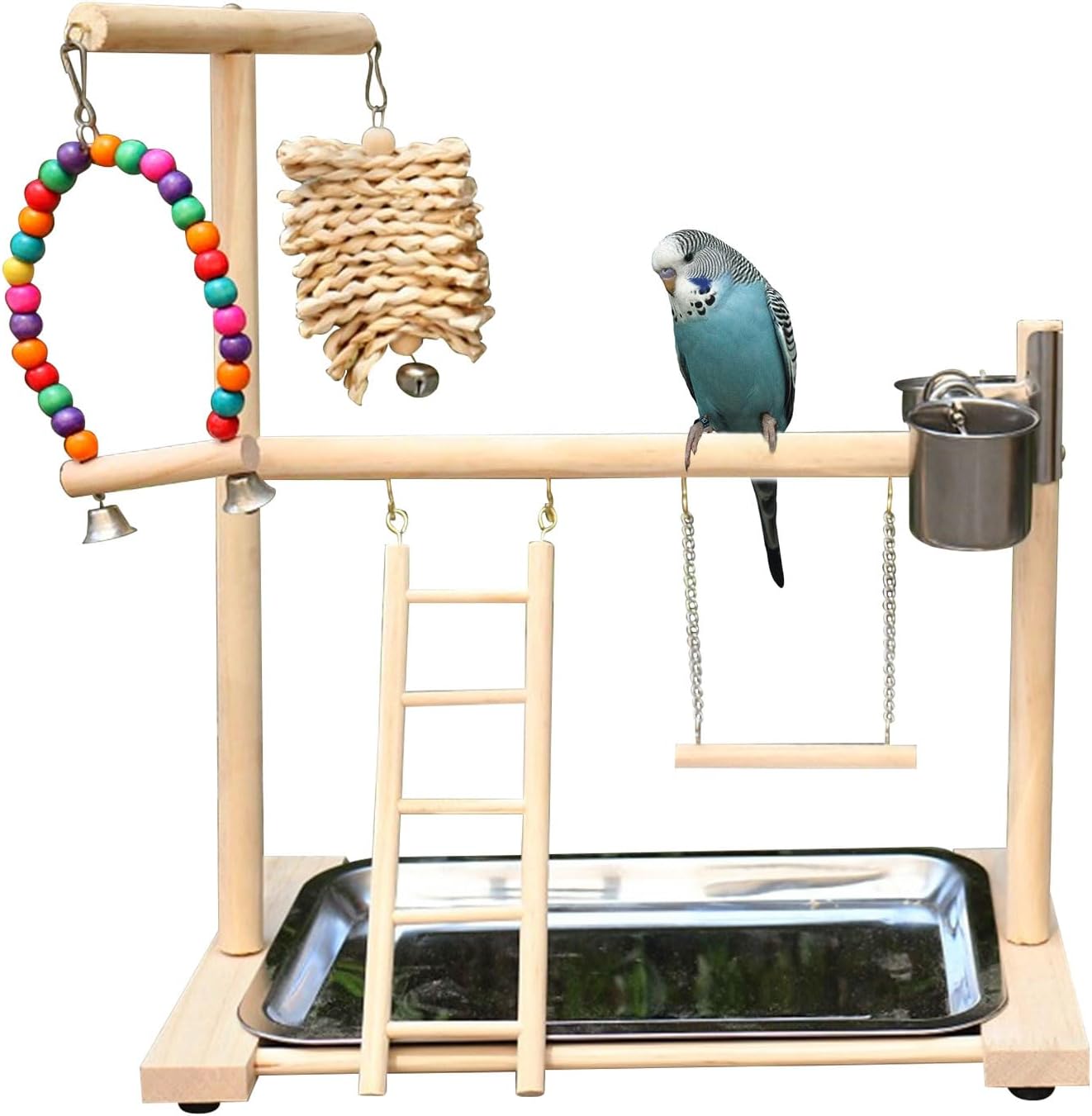 DWE Wooden Bird Playground, Parrot Perch Stand with Tray Feeder Cup ...