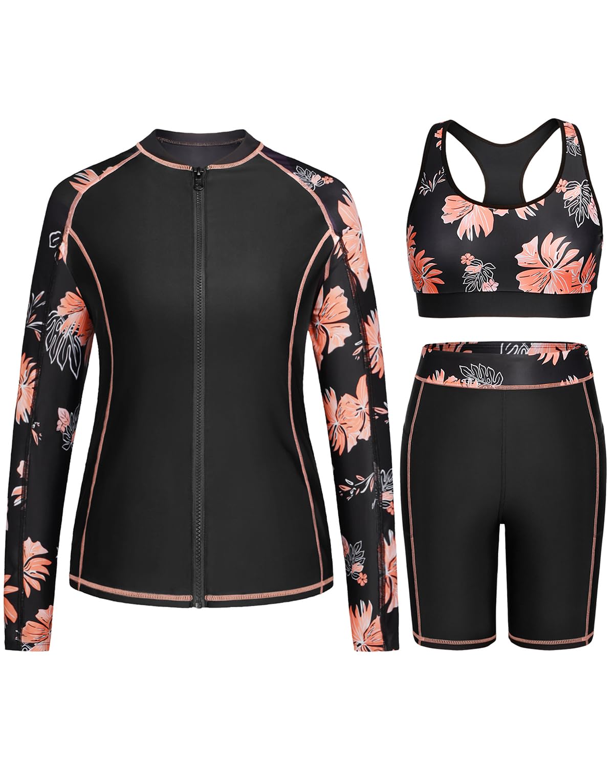 Amazon.com: Daci Women 3 Piece Rash Guard - 3PC Long Sleeve Zip up Swim ...