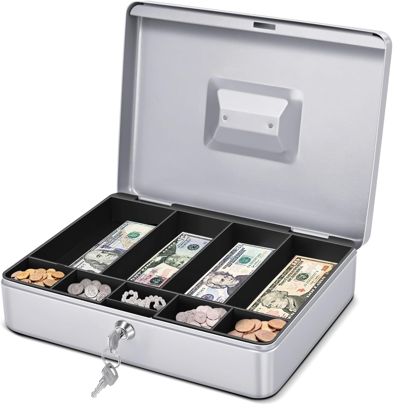 Amazon.com: Flexzion Cash Box with Money Tray and Lock - Metal Cash Box ...