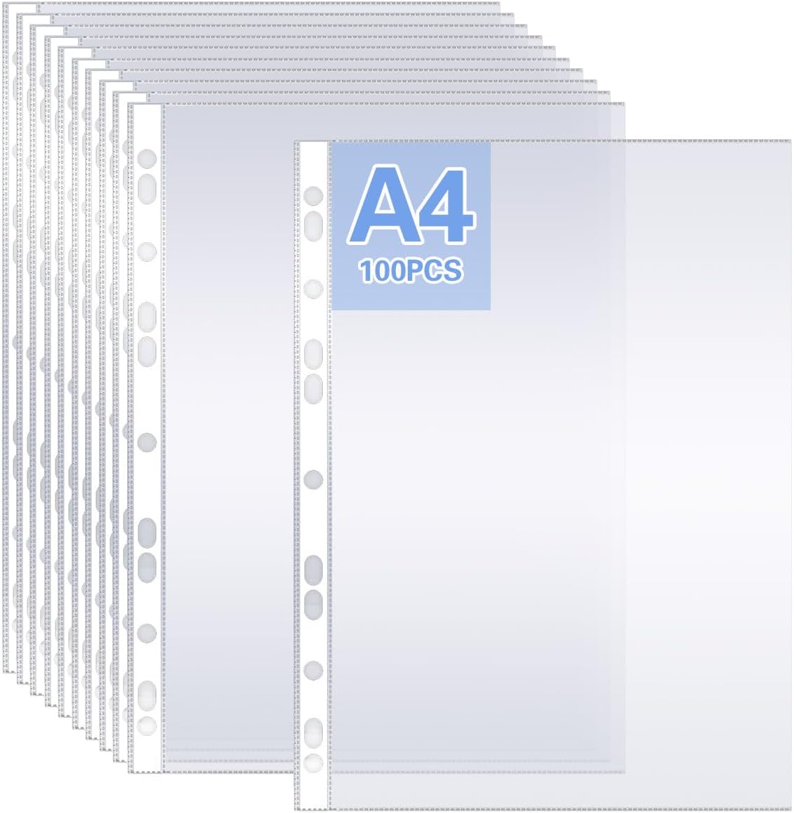 BATINO 100Pack Punched Pockets, A4 Clear Plastic Wallets 90 Micron ...