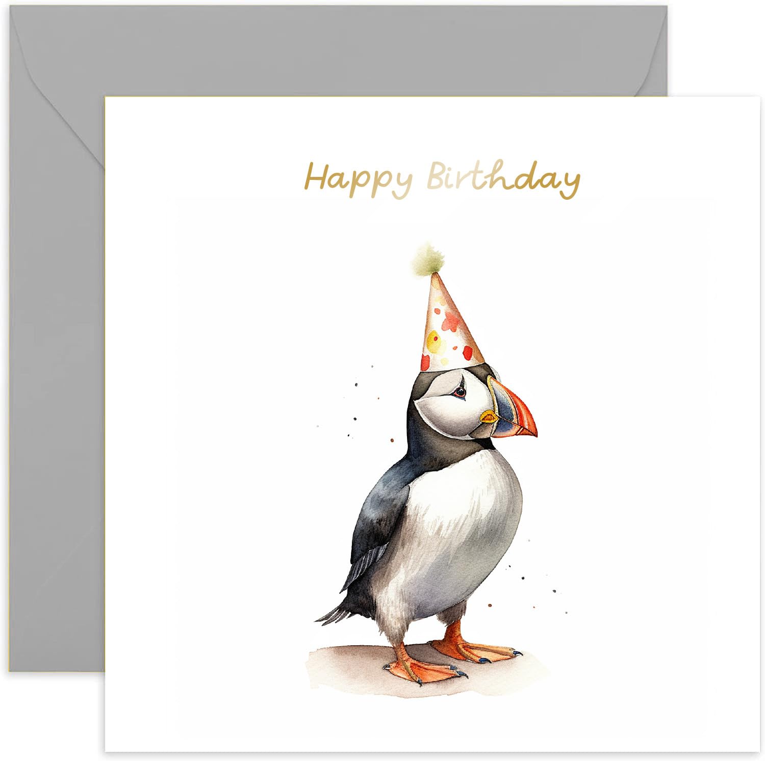 Old English Co. Puffin Happy Birthday Card for Her - Puffin Party Hat ...