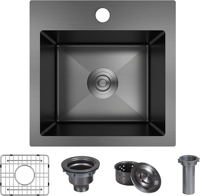 15 x 15 inch Drop in Bar Sink Black, Small Topmount Kitchen Sink Single ...