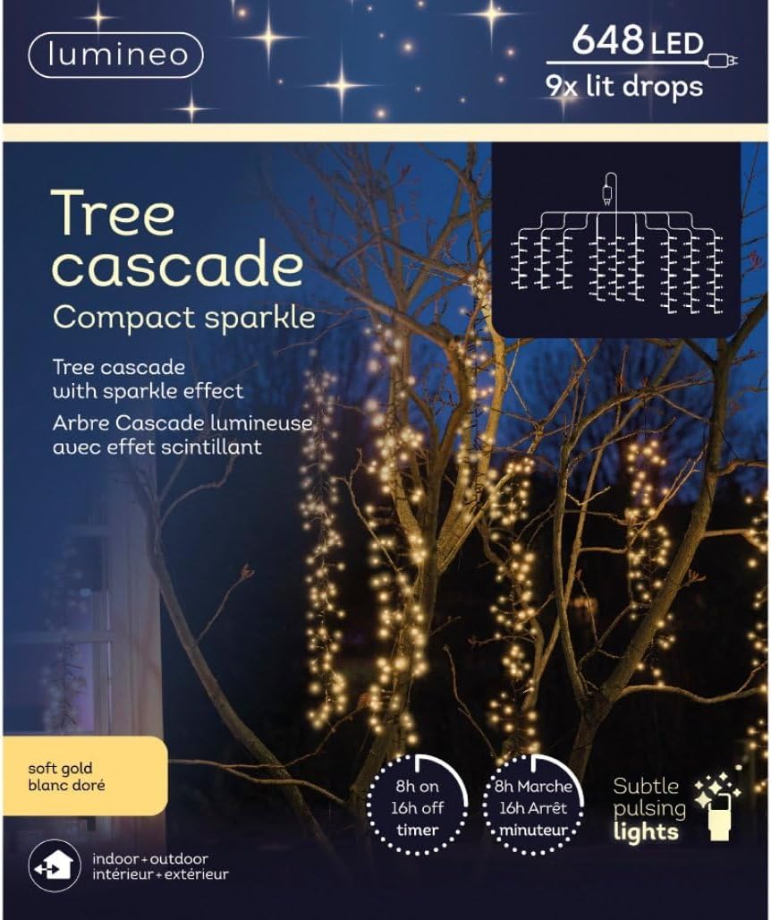 Lumineo 648 LED Tree Cascade Compact Sparkle Lights – Soft Gold, 78 ...