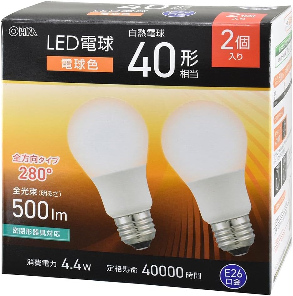 Amazon | オーム(OHM)オーム電機 LED電球 E26 40形相当 電球色 2個入 LDA4L-G AG59 2P 06-5463 | オーム（OHM） | LED電球