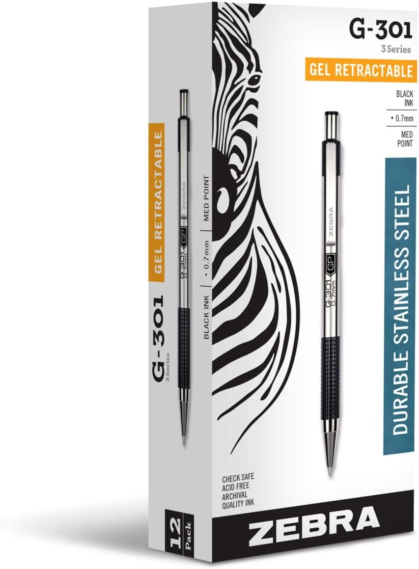 Zebra G-301 Stainless Steel Retractable Gel Pen, Medium Point, 0.7mm ...