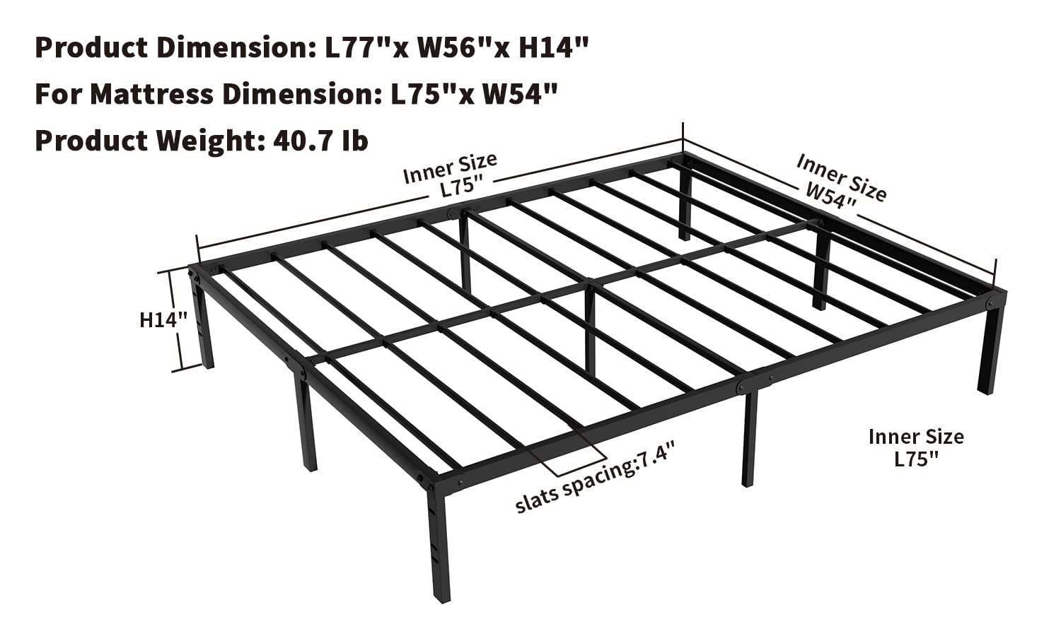 Full Size Bed Frame Metal 14 Inch Platform Base with Storage Heavy Duty ...