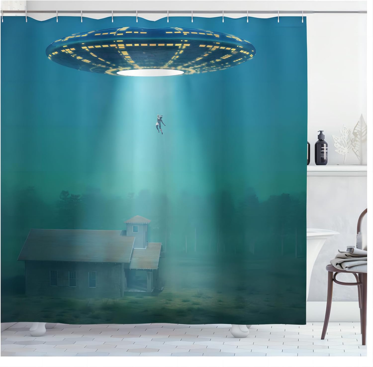 Funny UFO Shower Curtain for Bathroom, Unique Fun Alien Blue Purple ...