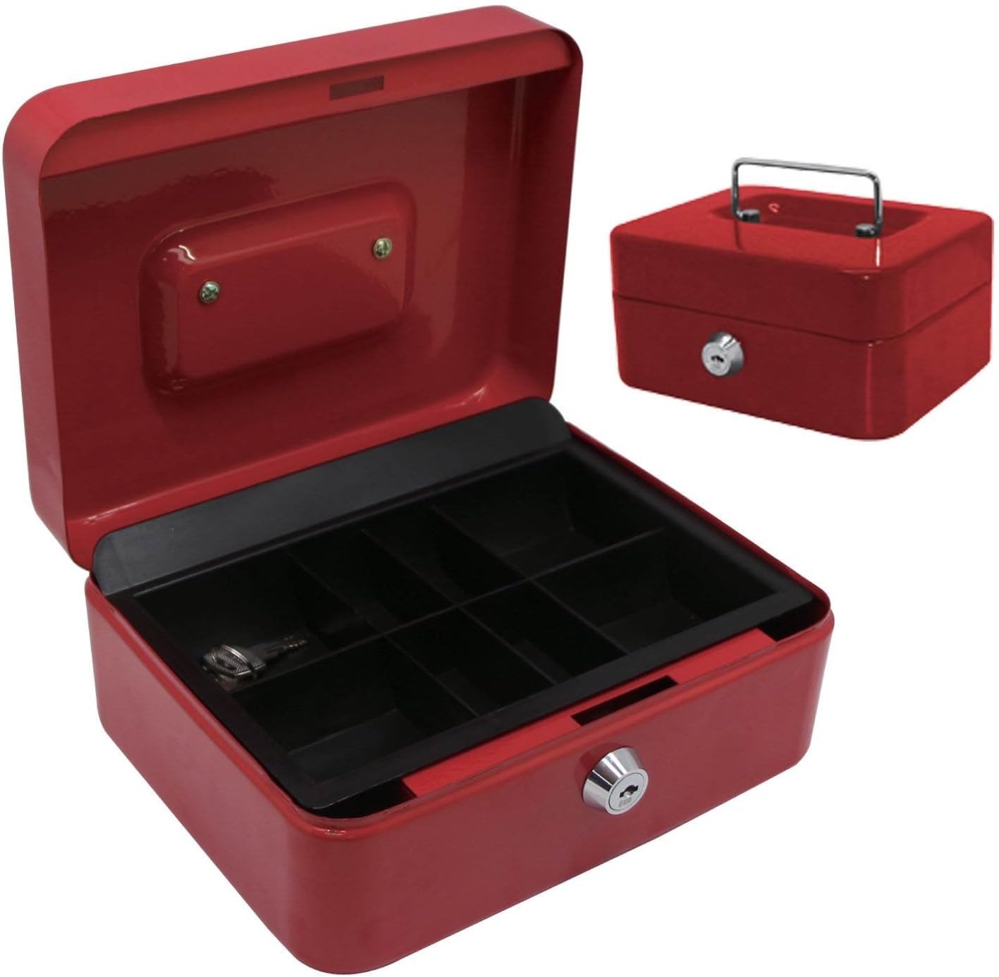 8" Red Steel Petty Cash Box Money Box Money Bank Safe Deposit Tin ...