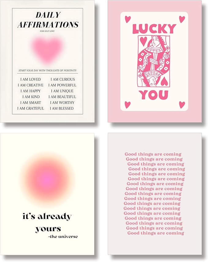 Amazon.com: Hwetui Framed Preppy Pink Aura Wall Art Daily Affirmations ...