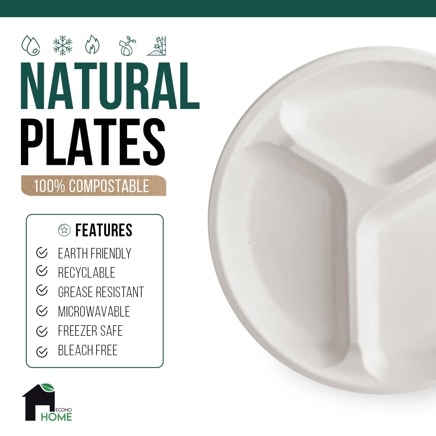 Snapklik.com : EconoHome 10 Inch Sectional Compostable Paper Plates 125 ...