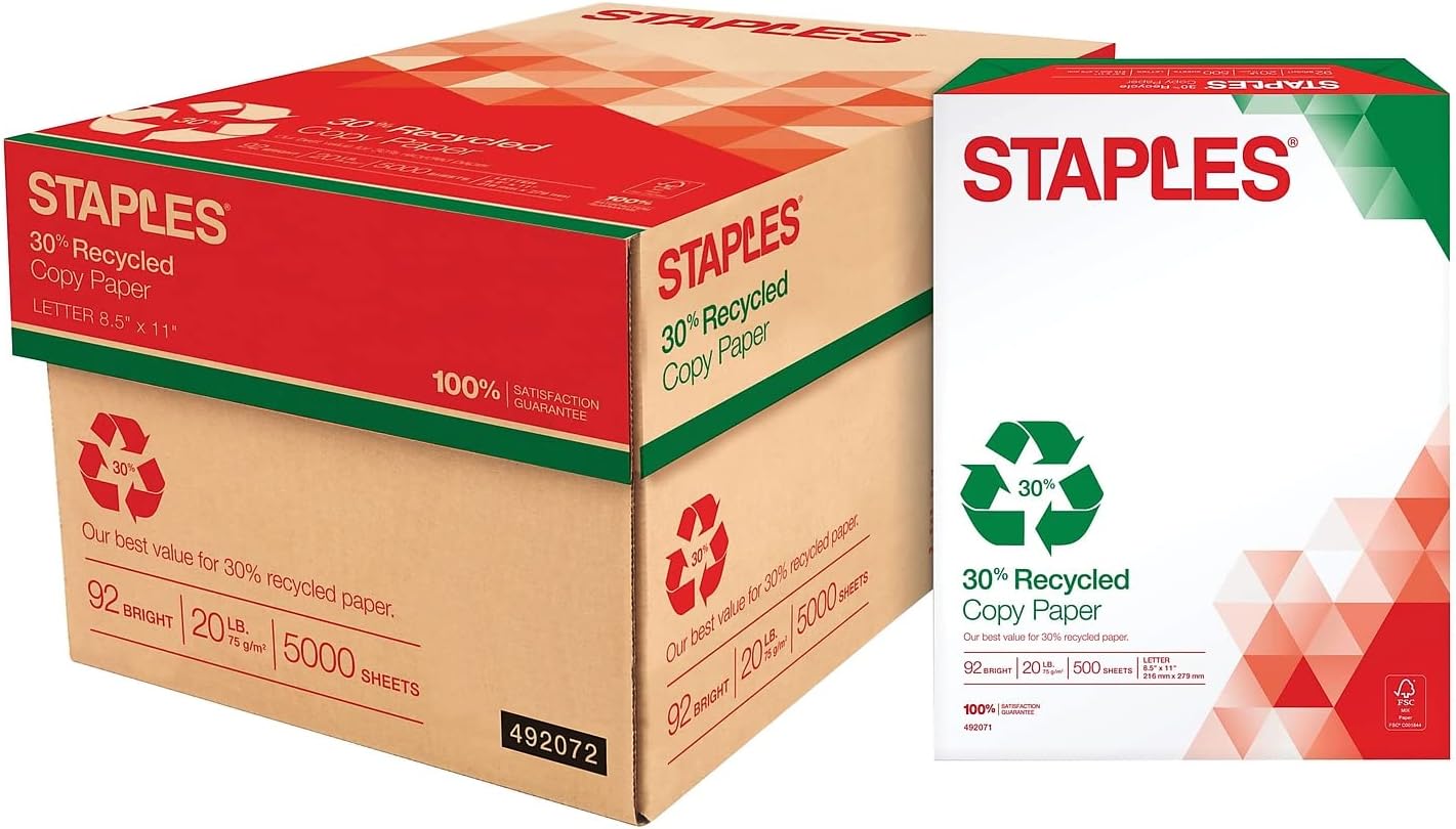 Amazon.com : Staples 50 Percent Recycled Multipurpose Paper, 8 1/2" x ...