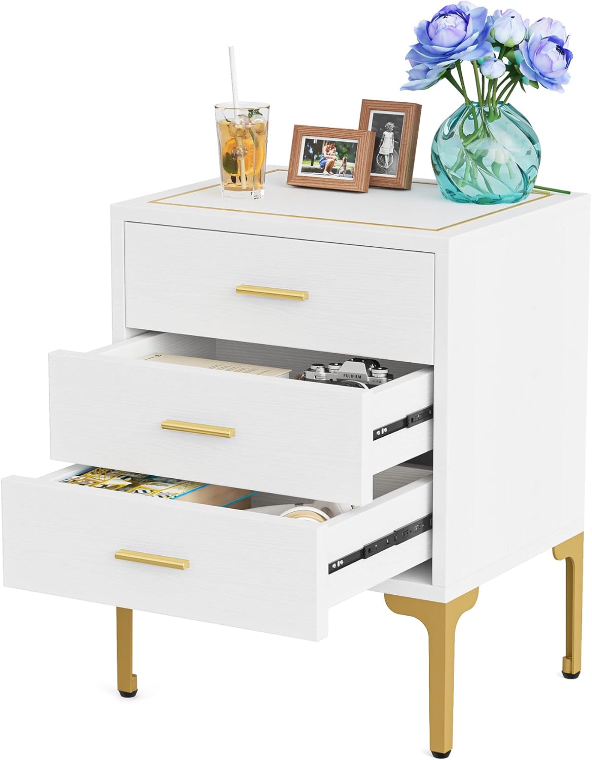 Amazon.com: 3 Drawers Nightstand, Modern White Gold Night Stands with ...