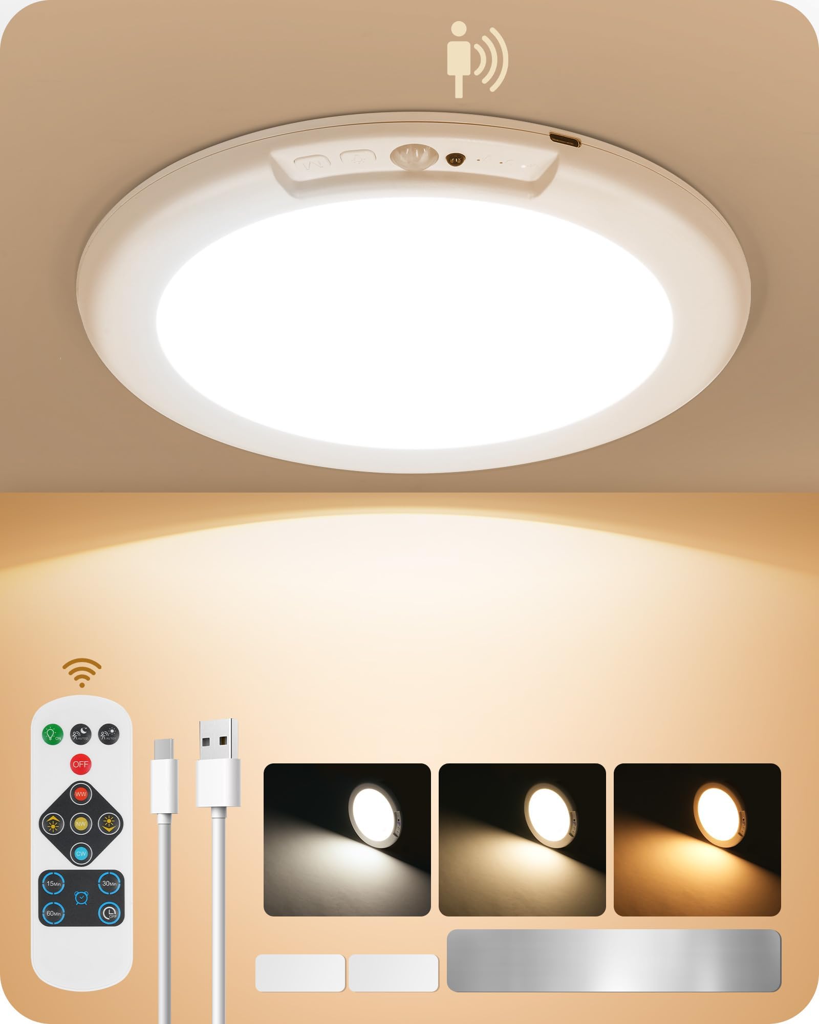TOOWELL Battery Operated Motion Sensor Ceiling Light & Rechargeable ...