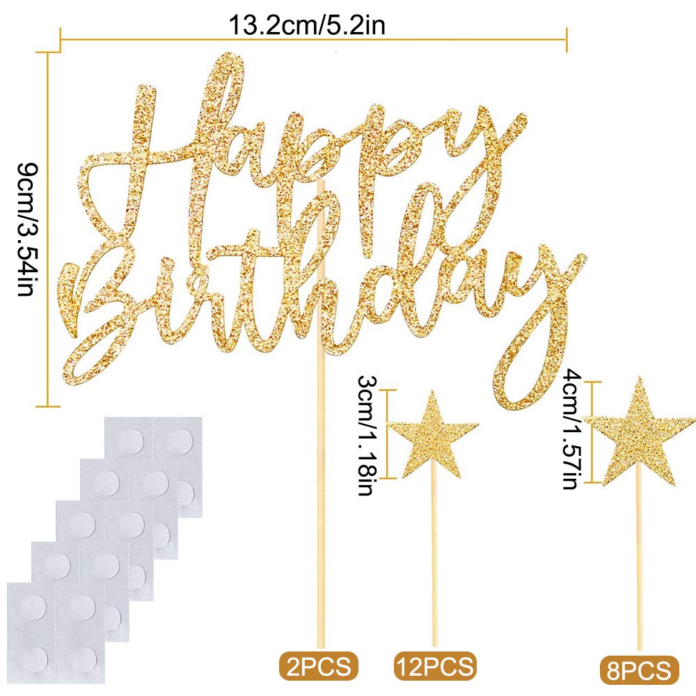 Gold Happy Birthday Cake Toppers, 2 Sets Glitter Cake Topper Banner for ...