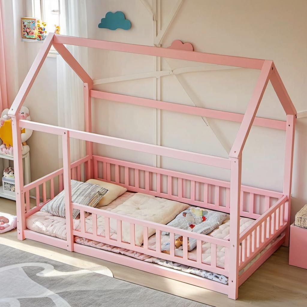 Amazon.com: PVWIIK Twin Size House Bed with Roof Design & Fence ...