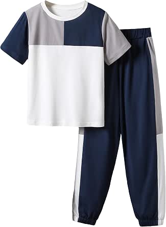 Amazon.com: OYOANGLE Boy's 2 Piece Outfits Colorblock Short Sleeve Tee ...