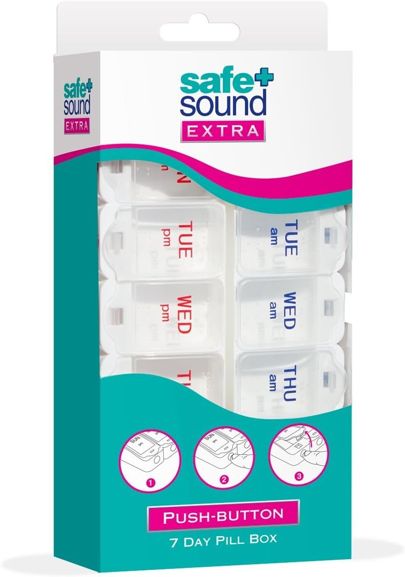 Safe and Sound 7 Day 14 Compartment AM and PM Push-button Pop-open Pill ...