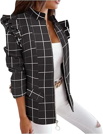 Amazon.com: Women's Elegant Blazers Ruffle Sleeve Zipper Plaid Print ...