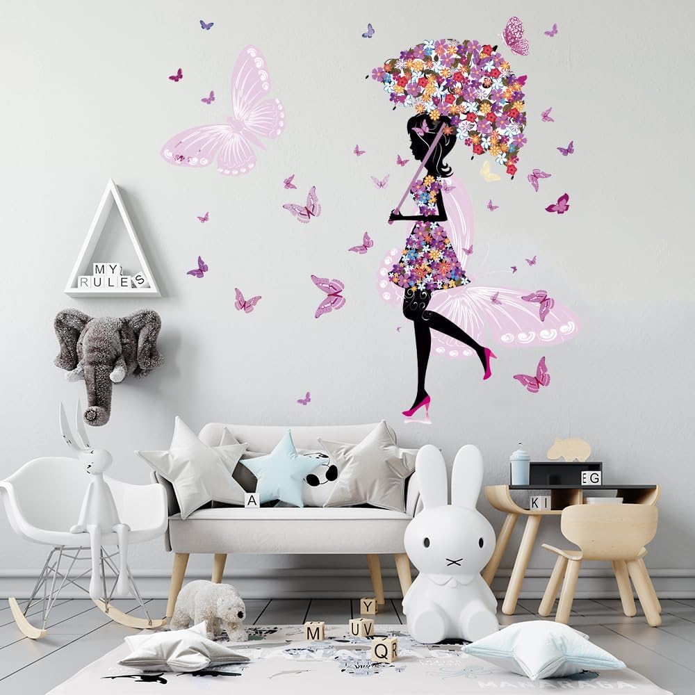 Amazon.com: Fanwoo Flower Fairy Wall Decals Butterfly Girl Wall ...