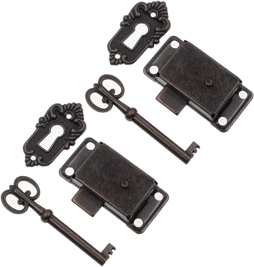 Kyuionty 2 Sets Skeleton Key Lock Decorative Antique Red Bronze Cabinet ...