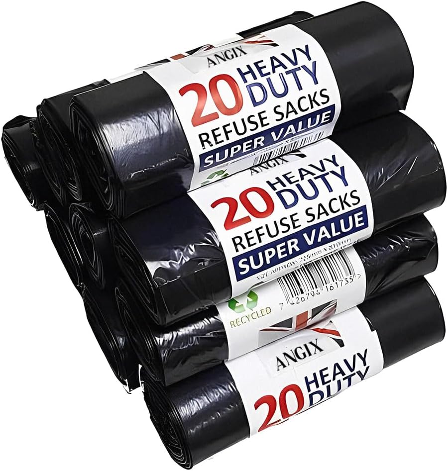 ANGIX Pack of 200 Heavy Duty Black Bin Liners Refuse Sacks Bin Bag ...