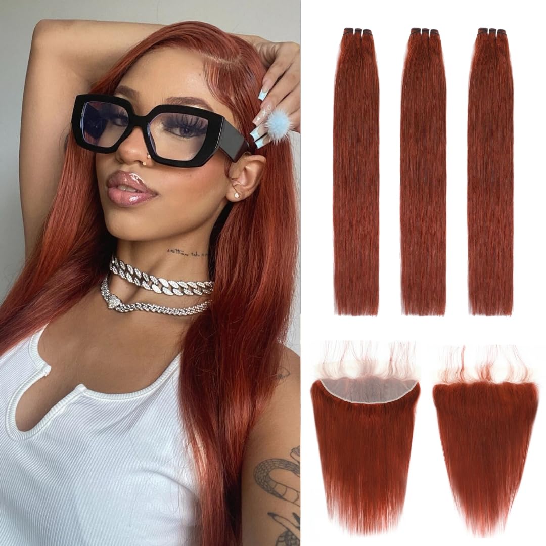 Amazon.com : HERMOUS 12A Reddish Brown Human Hair Bundles With Frontal ...