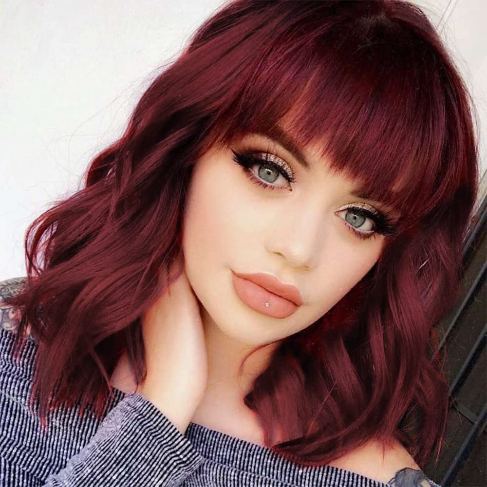 Amazon.com : Red Wigs for Women Short Bob Curly Wig with Bangs Wine Red ...