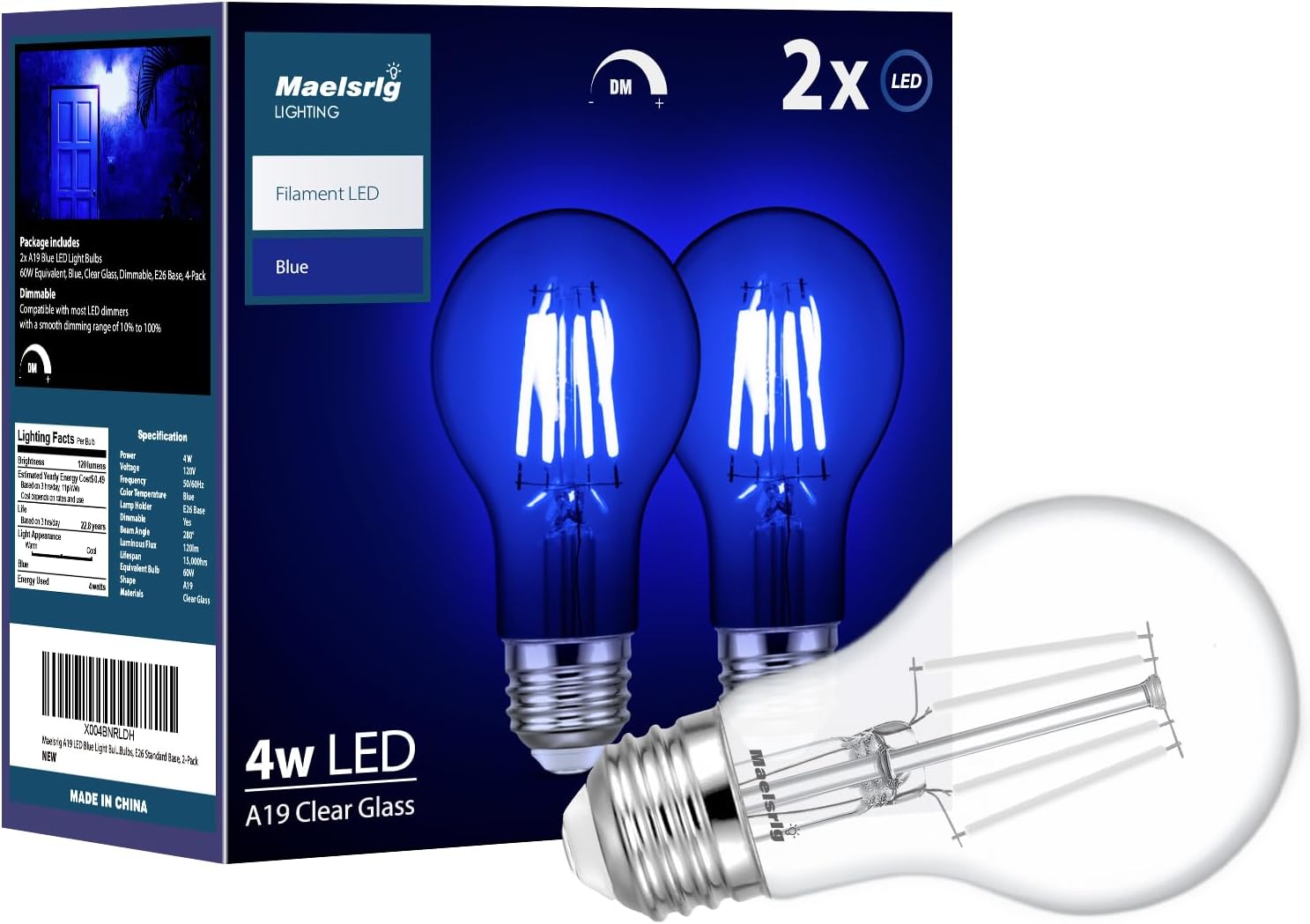 Maelsrlg Blue Light Bulb, 4 Watts, A19 Colored LED Filament Bulbs ...