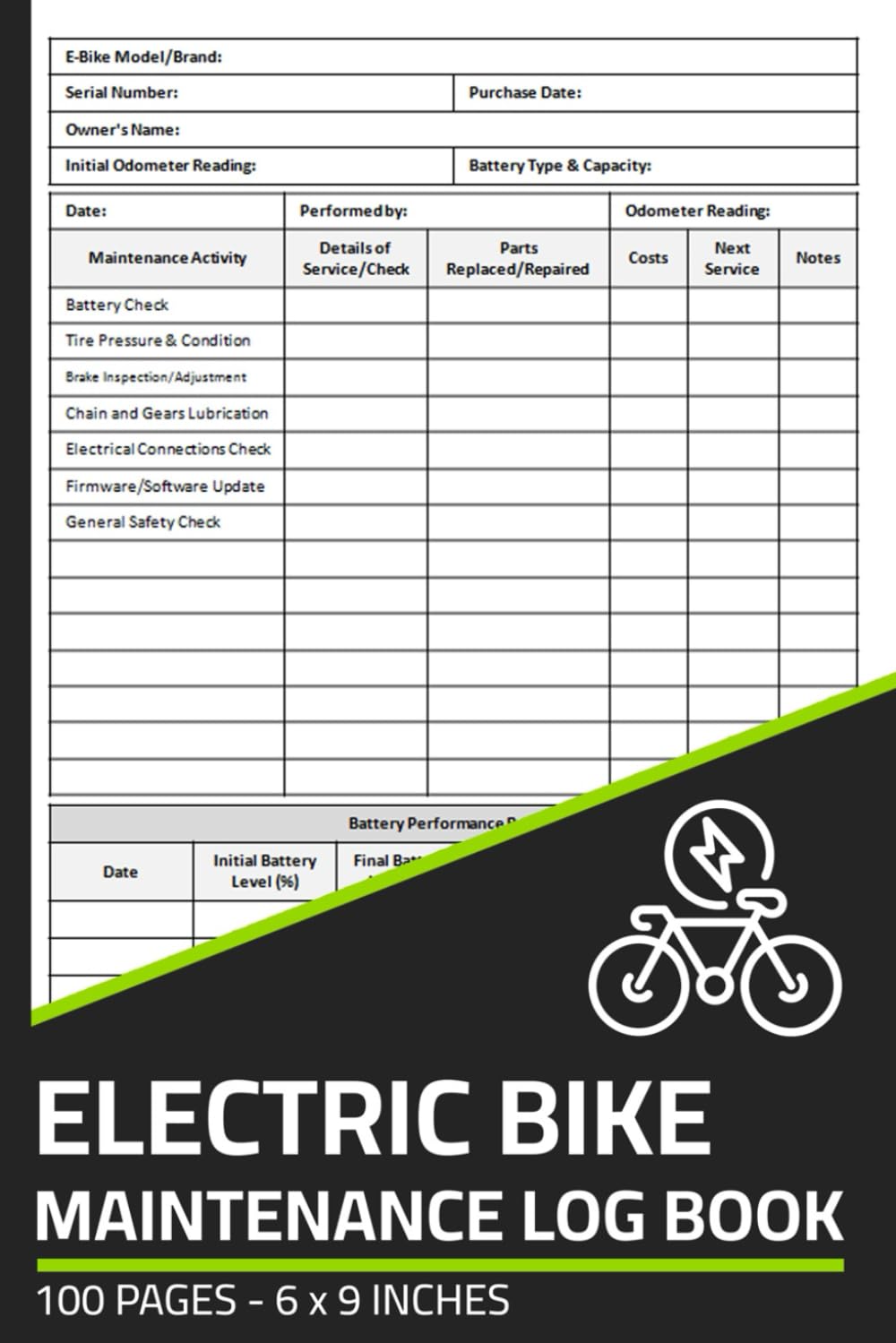 Electric Bike Maintenance Log Book: E-Bike Repair & Service Record with ...