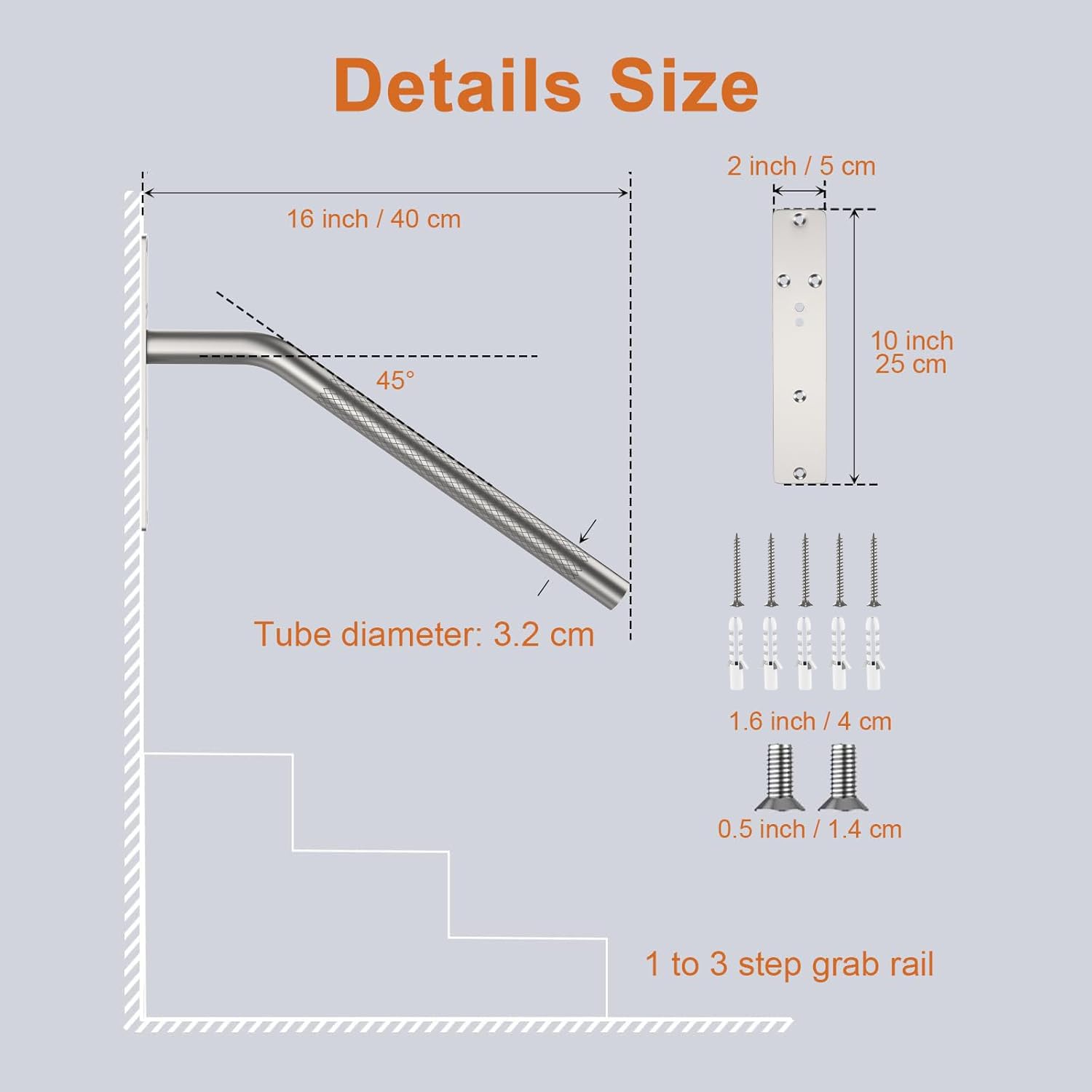 Snapklik.com : 16 Inch Satin Brushed Nickel 1-3 Step Handrail w/Anti ...