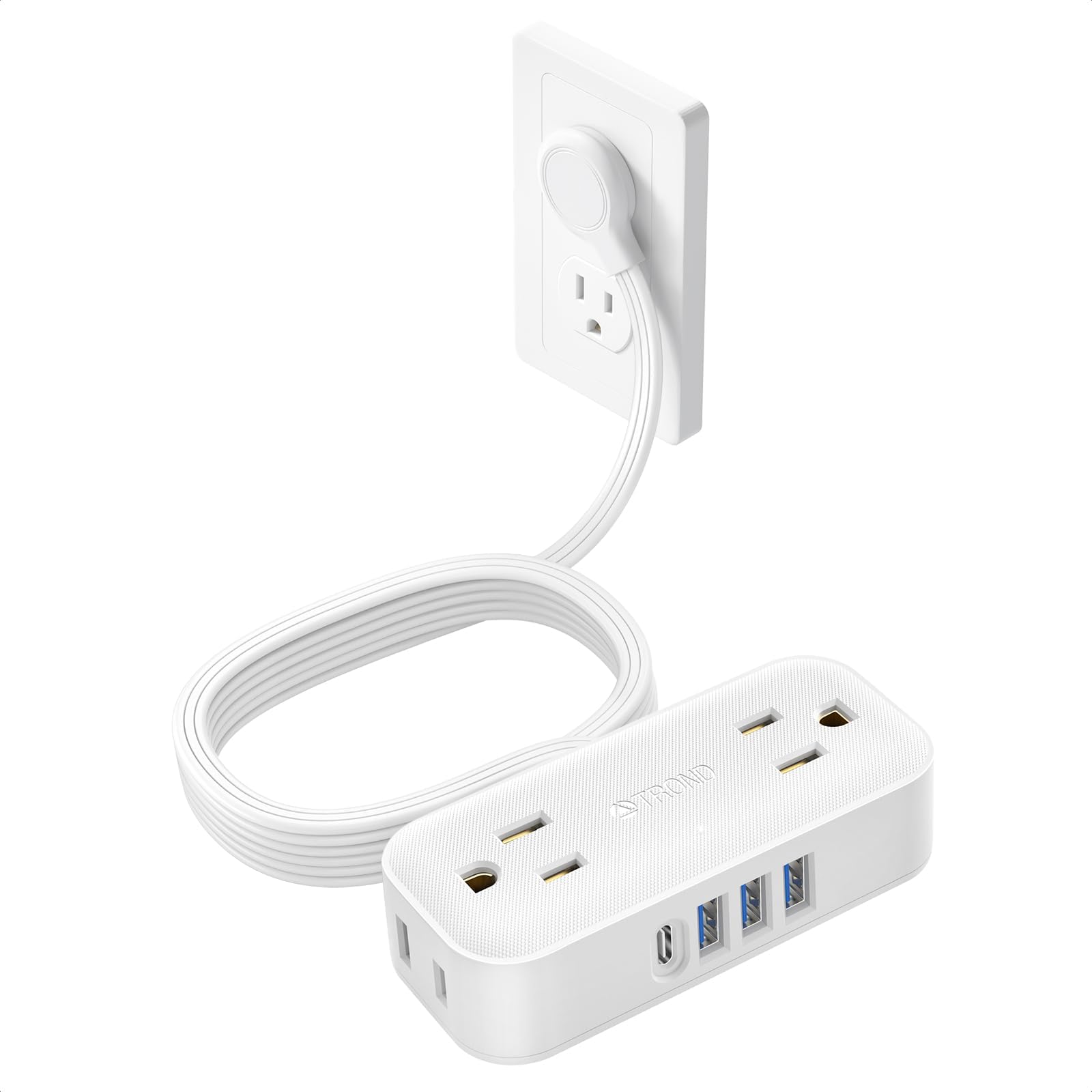 TROND Flat Plug Power Bar with USB C, 10ft Slim Extension Cord Indoor ...