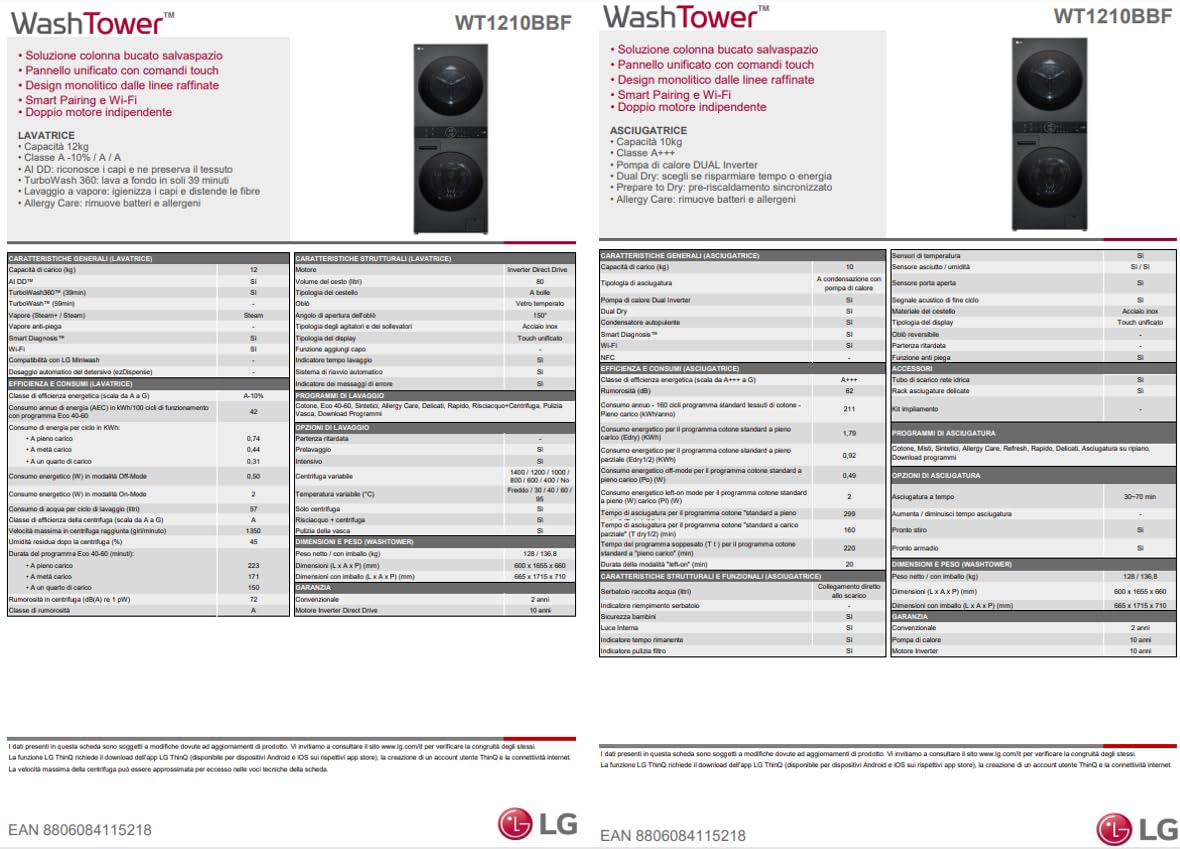 LG WashTower WT1210BBF Colonna Bucato Unificata, Lavatrice Classe A -10 ...