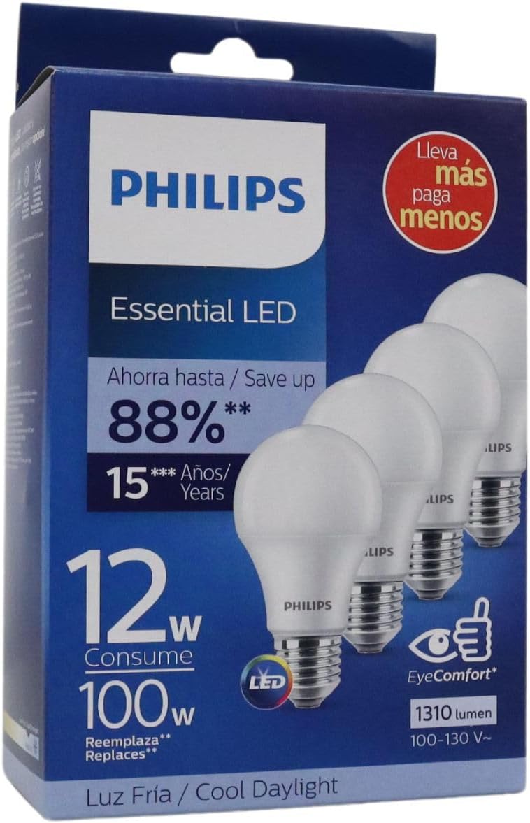 PHILIPS Foco LED Essential, Paquete con 4 Piezas, Consume 12W ...